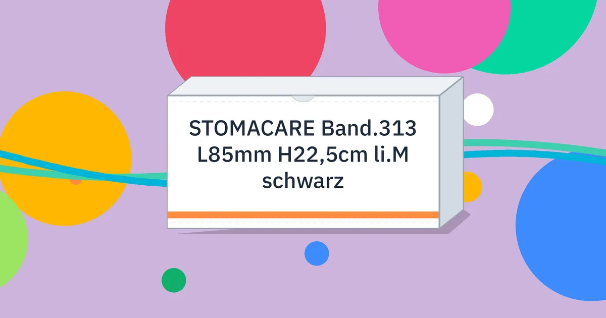 Symbolbild: Packung mit der Aufschrift STOMACARE Band.313 L85mm H22,5cm li.M schwarz (PZN 10841568) – Verfügbarkeit und Bezug in Apotheken in Frankfurt am Main