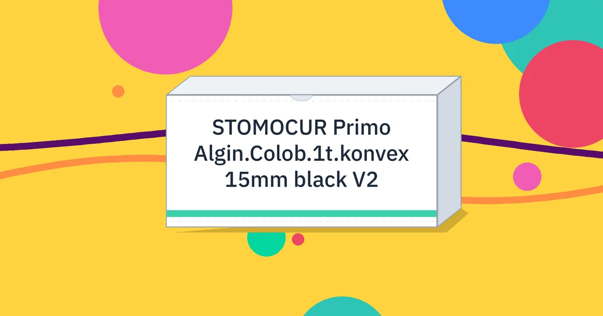Symbolbild: Packung mit der Aufschrift STOMOCUR Primo Algin.Colob.1t.konvex 15mm black V2 (PZN 19536720) – Verfügbarkeit und Bezug in Apotheken in Frankfurt am Main
