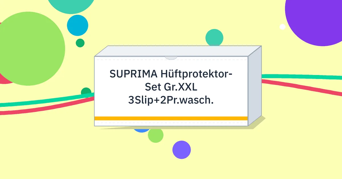 Symbolbild: Packung mit der Aufschrift SUPRIMA Hüftprotektor-Set Gr.XXL 3Slip+2Pr.wasch. (PZN 09784227) – Verfügbarkeit und Bezug in Apotheken in Frankfurt am Main