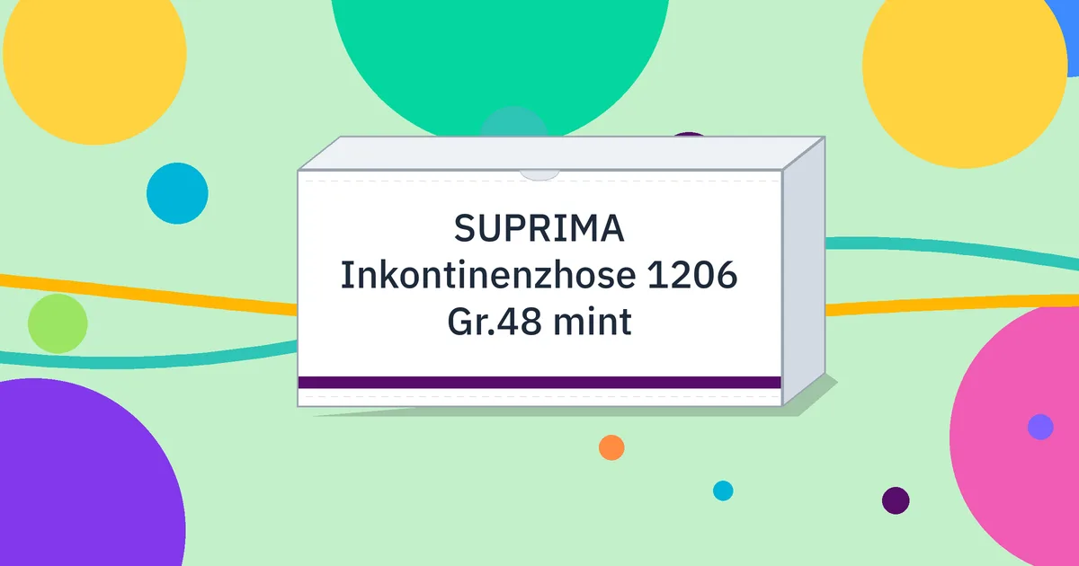 Symbolbild: Packung mit der Aufschrift SUPRIMA Inkontinenzhose 1206 Gr.48 mint (PZN 07632312) – Verfügbarkeit und Bezug in Apotheken in Frankfurt am Main