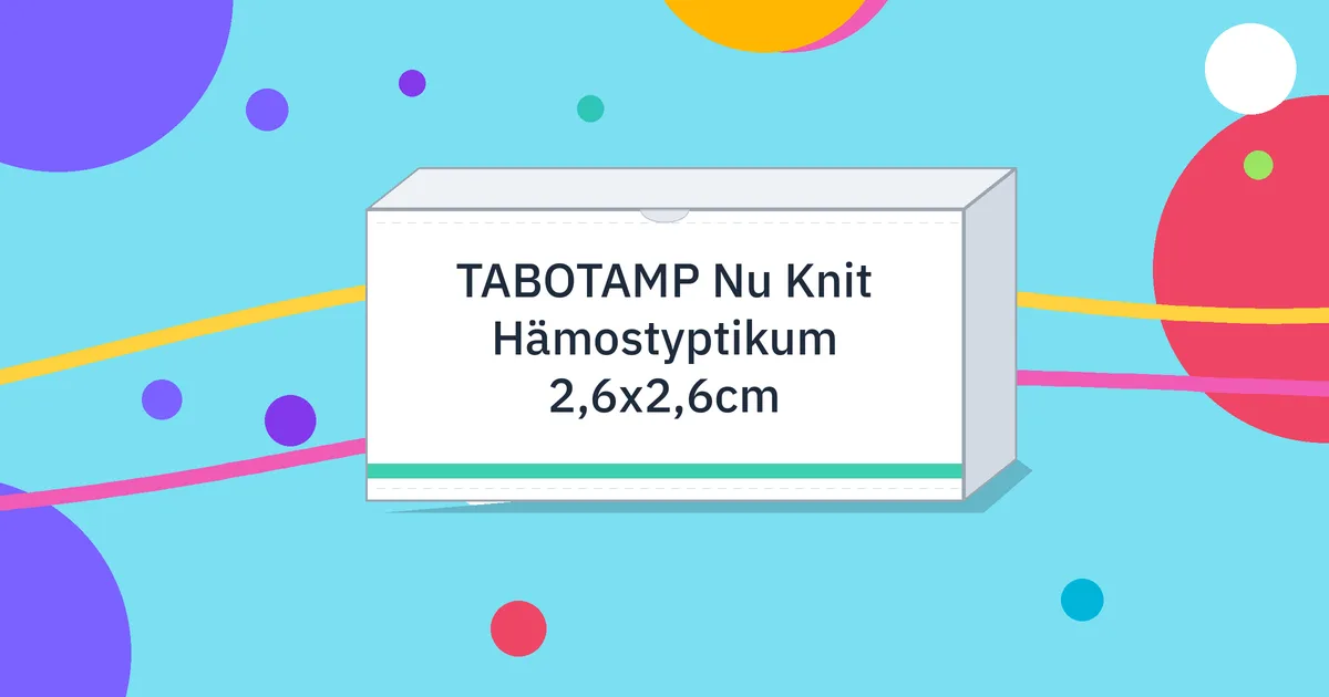 Symbolbild: Packung mit der Aufschrift TABOTAMP Nu Knit Hämostyptikum 2,6x2,6cm (PZN 04230955) – Verfügbarkeit und Bezug in Apotheken in Frankfurt am Main