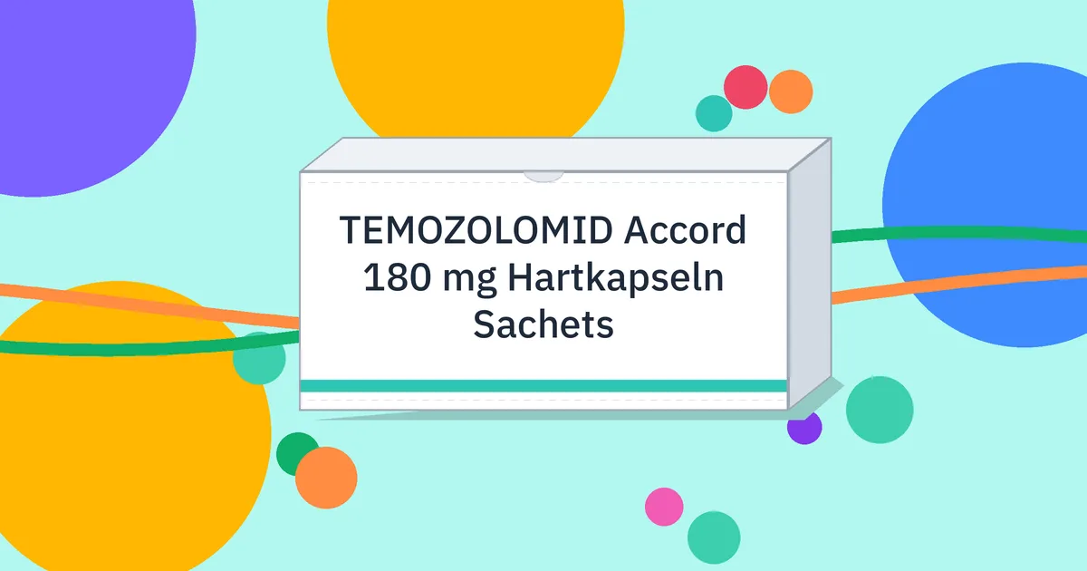 Symbolbild: Packung mit der Aufschrift TEMOZOLOMID Accord 180 mg Hartkapseln Sachets (PZN 17400436) – Verfügbarkeit und Bezug in Apotheken in Frankfurt am Main
