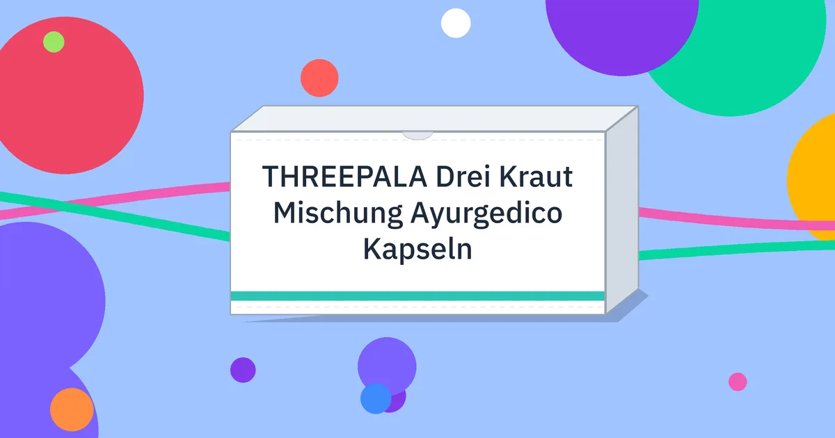 Symbolbild: Packung mit der Aufschrift THREEPALA Drei Kraut Mischung Ayurgedico Kapseln (PZN 00434000) – Verfügbarkeit und Bezug in Apotheken in Frankfurt am Main