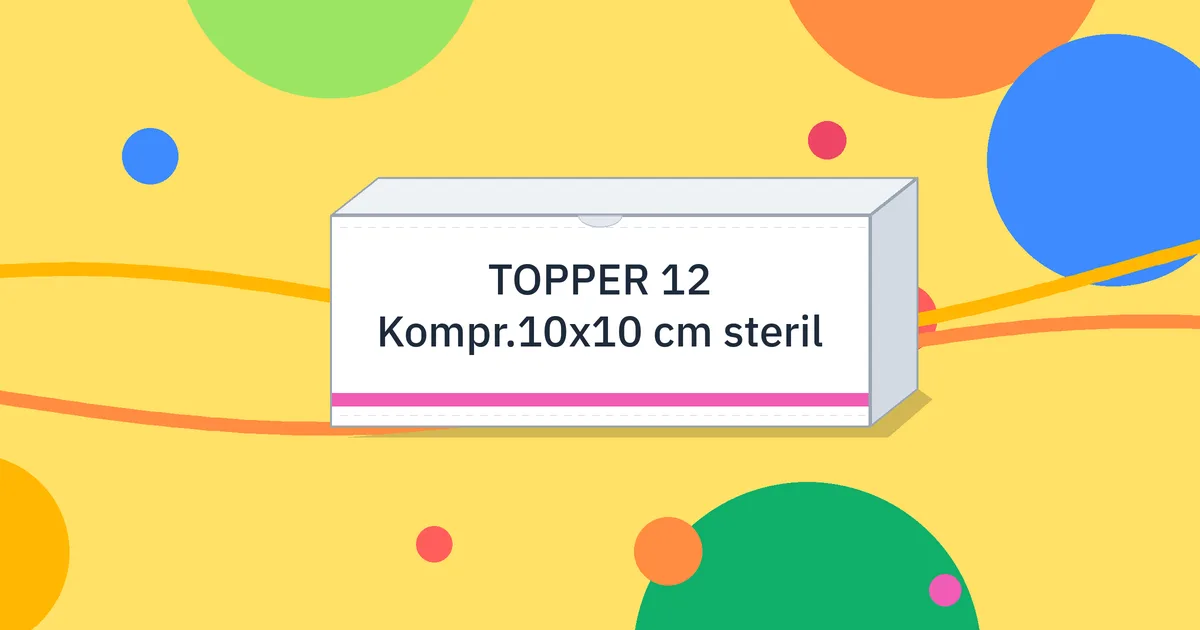 Symbolbild: Packung mit der Aufschrift TOPPER 12 Kompr.10x10 cm steril (PZN 09644408) – Verfügbarkeit und Bezug in Apotheken in Frankfurt am Main