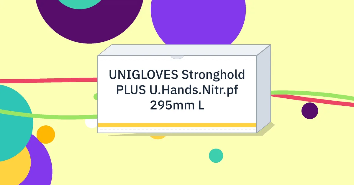 Symbolbild: Packung mit der Aufschrift UNIGLOVES Stronghold PLUS U.Hands.Nitr.pf 295mm L (PZN 18102770) – Verfügbarkeit und Bezug in Apotheken in Frankfurt am Main