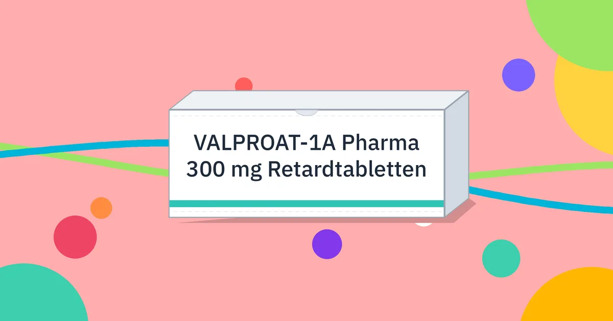 Symbolbild: Packung mit der Aufschrift VALPROAT-1A Pharma 300 mg Retardtabletten (PZN 04343926) – Verfügbarkeit und Bezug in Apotheken in Frankfurt am Main