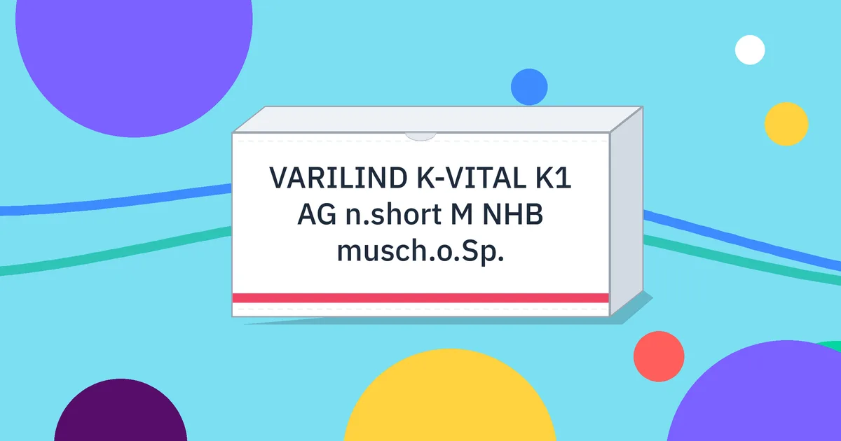 Symbolbild: Packung mit der Aufschrift VARILIND K-VITAL K1 AG n.short M NHB musch.o.Sp. (PZN 20564012) – Verfügbarkeit und Bezug in Apotheken in Frankfurt am Main