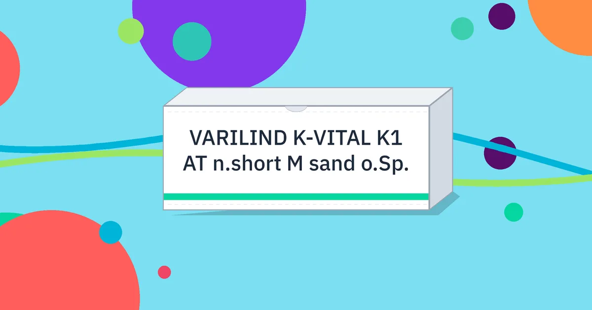 Symbolbild: Packung mit der Aufschrift VARILIND K-VITAL K1 AT n.short M sand o.Sp. (PZN 20559844) – Verfügbarkeit und Bezug in Apotheken in Frankfurt am Main