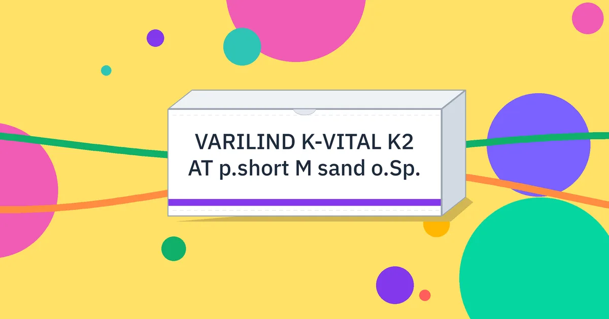 Symbolbild: Packung mit der Aufschrift VARILIND K-VITAL K2 AT p.short M sand o.Sp. (PZN 20561404) – Verfügbarkeit und Bezug in Apotheken in Frankfurt am Main