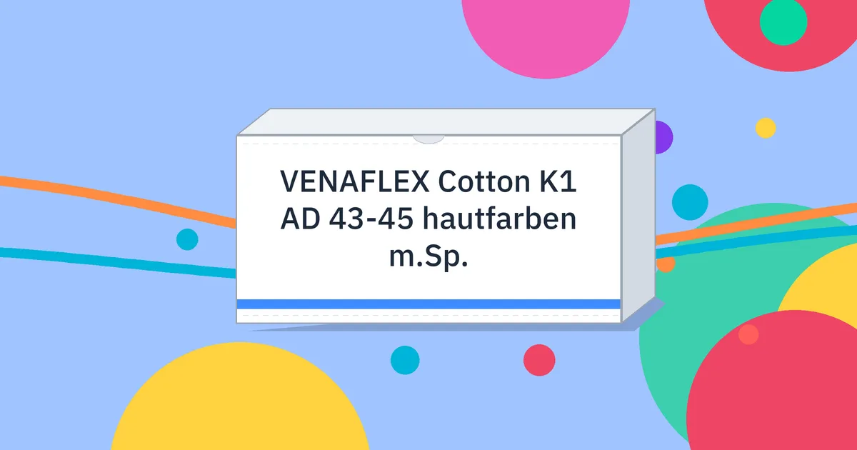 Symbolbild: Packung mit der Aufschrift VENAFLEX Cotton K1 AD 43-45 hautfarben m.Sp. (PZN 18308968) – Verfügbarkeit und Bezug in Apotheken in Frankfurt am Main