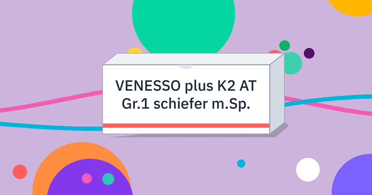 Symbolbild: Packung mit der Aufschrift VENESSO plus K2 AT Gr.1 schiefer m.Sp. (PZN 03286741) – Verfügbarkeit und Bezug in Apotheken in Frankfurt am Main