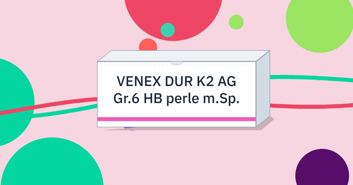 Symbolbild: Packung mit der Aufschrift VENEX DUR K2 AG Gr.6 HB perle m.Sp. (PZN 03218567) – Verfügbarkeit und Bezug in Apotheken in Frankfurt am Main