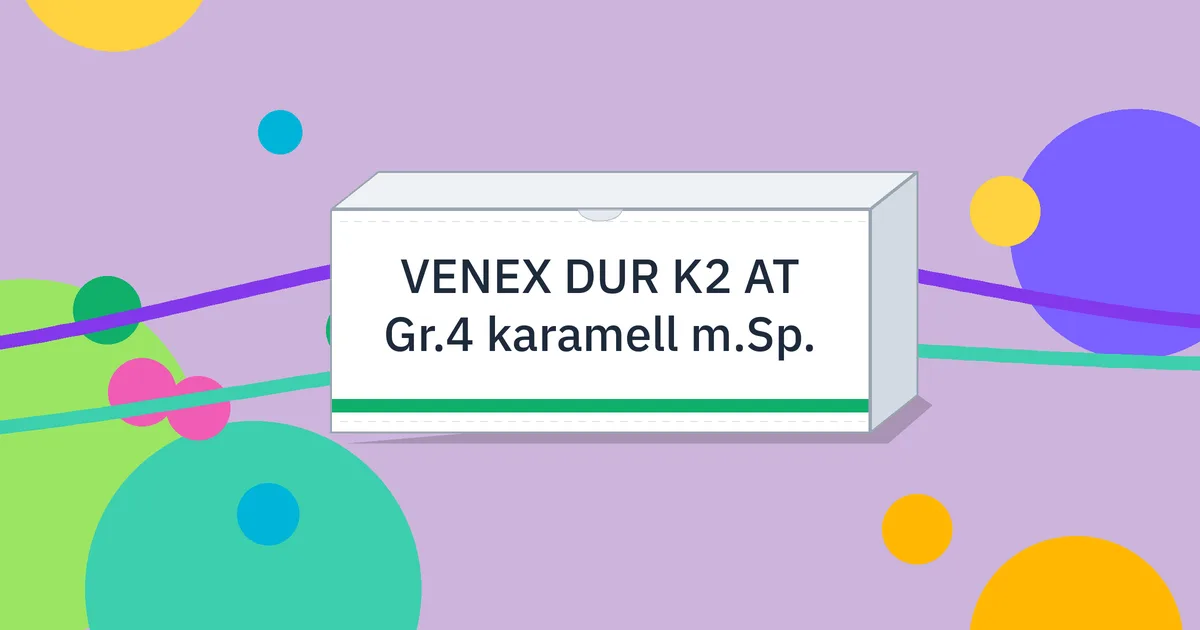 Symbolbild: Packung mit der Aufschrift VENEX DUR K2 AT Gr.4 karamell m.Sp. (PZN 13757911) – Verfügbarkeit und Bezug in Apotheken in Frankfurt am Main