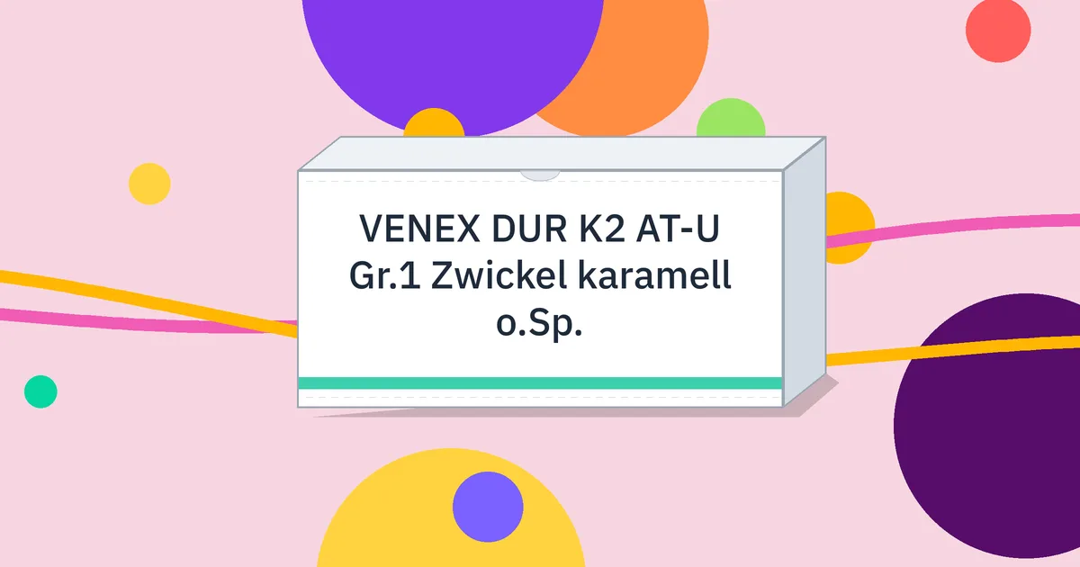 Symbolbild: Packung mit der Aufschrift VENEX DUR K2 AT-U Gr.1 Zwickel karamell o.Sp. (PZN 13759554) – Verfügbarkeit und Bezug in Apotheken in Frankfurt am Main