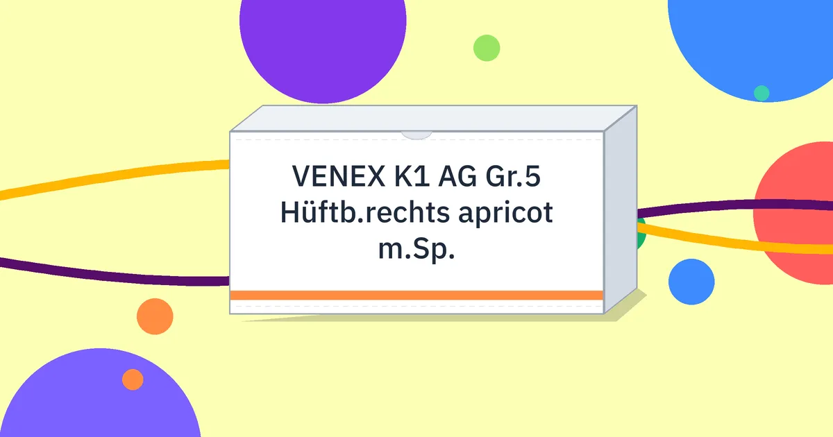 Symbolbild: Packung mit der Aufschrift VENEX K1 AG Gr.5 Hüftb.rechts apricot m.Sp. (PZN 03202684) – Verfügbarkeit und Bezug in Apotheken in Frankfurt am Main