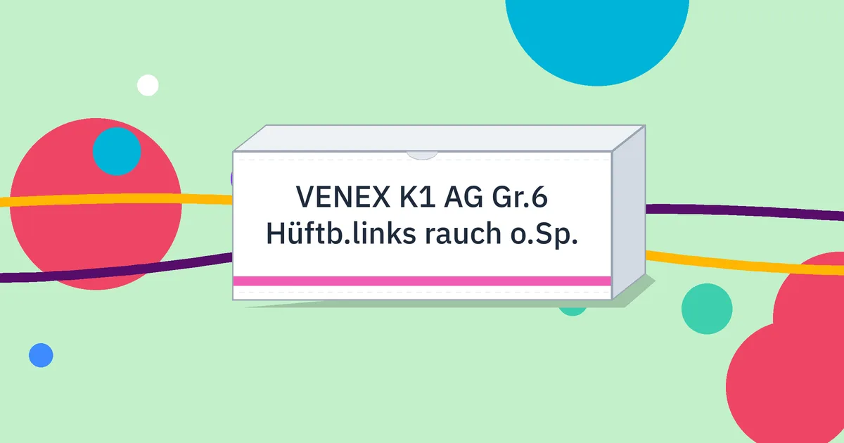 Symbolbild: Packung mit der Aufschrift VENEX K1 AG Gr.6 Hüftb.links rauch o.Sp. (PZN 03205116) – Verfügbarkeit und Bezug in Apotheken in Frankfurt am Main