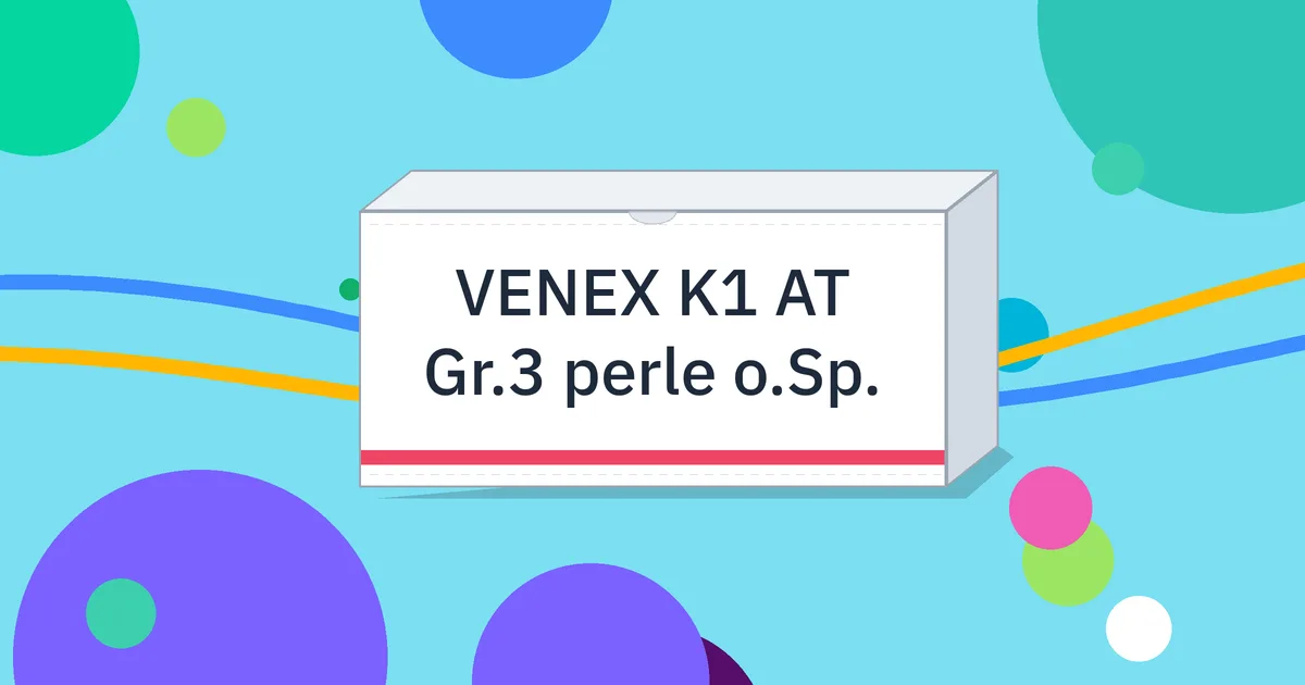 Symbolbild: Packung mit der Aufschrift VENEX K1 AT Gr.3 perle o.Sp. (PZN 03197629) – Verfügbarkeit und Bezug in Apotheken in Frankfurt am Main