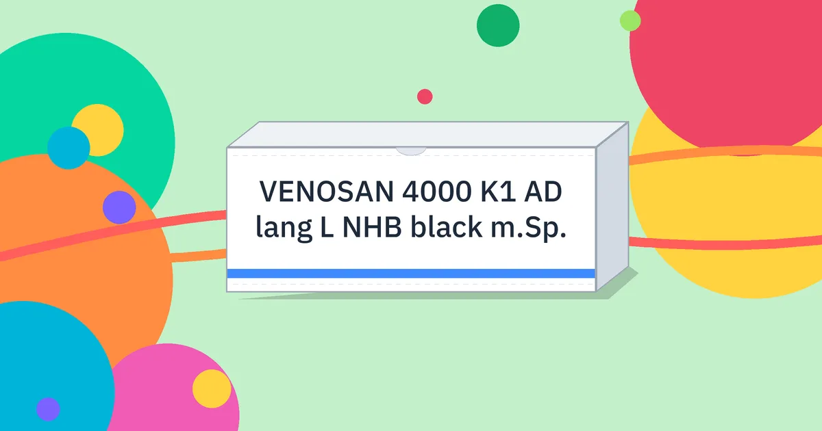 Symbolbild: Packung mit der Aufschrift VENOSAN 4000 K1 AD lang L NHB black m.Sp. (PZN 14426524) – Verfügbarkeit und Bezug in Apotheken in Frankfurt am Main