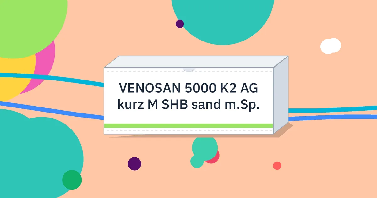 Symbolbild: Packung mit der Aufschrift VENOSAN 5000 K2 AG kurz M SHB sand m.Sp. (PZN 14428925) – Verfügbarkeit und Bezug in Apotheken in Frankfurt am Main