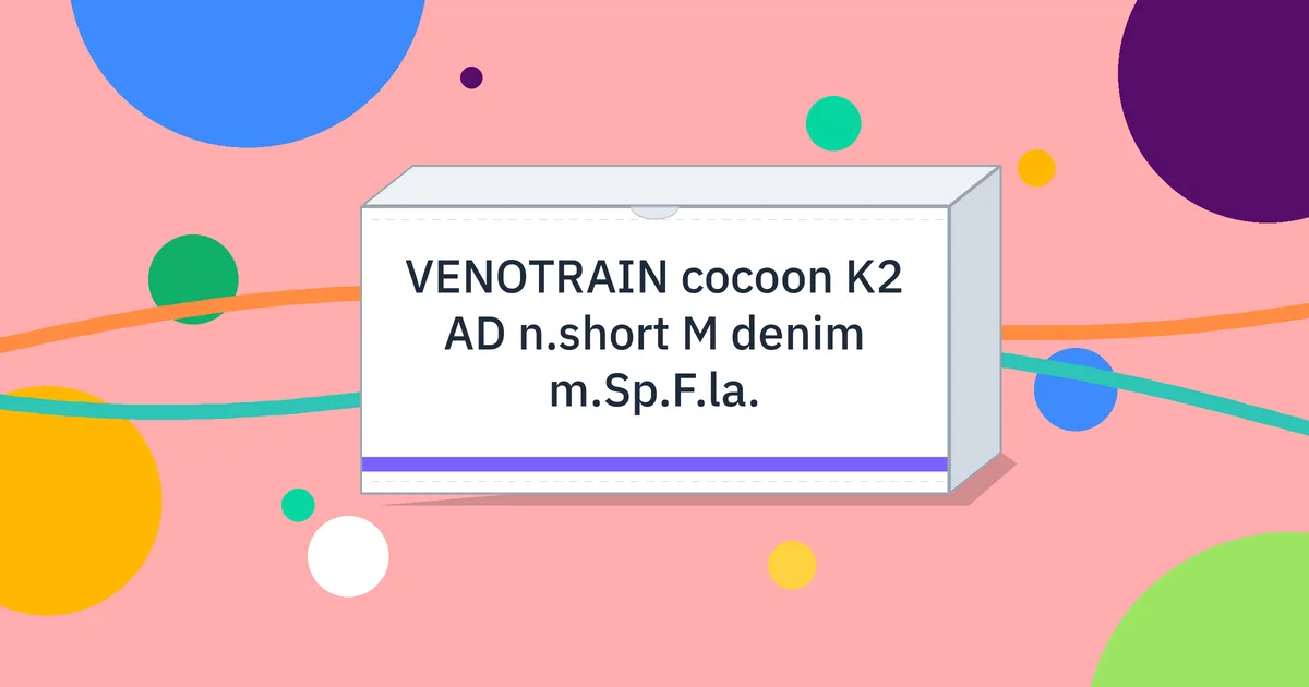 Symbolbild: Packung mit der Aufschrift VENOTRAIN cocoon K2 AD n.short M denim m.Sp.F.la. (PZN 19199091) – Verfügbarkeit und Bezug in Apotheken in Frankfurt am Main