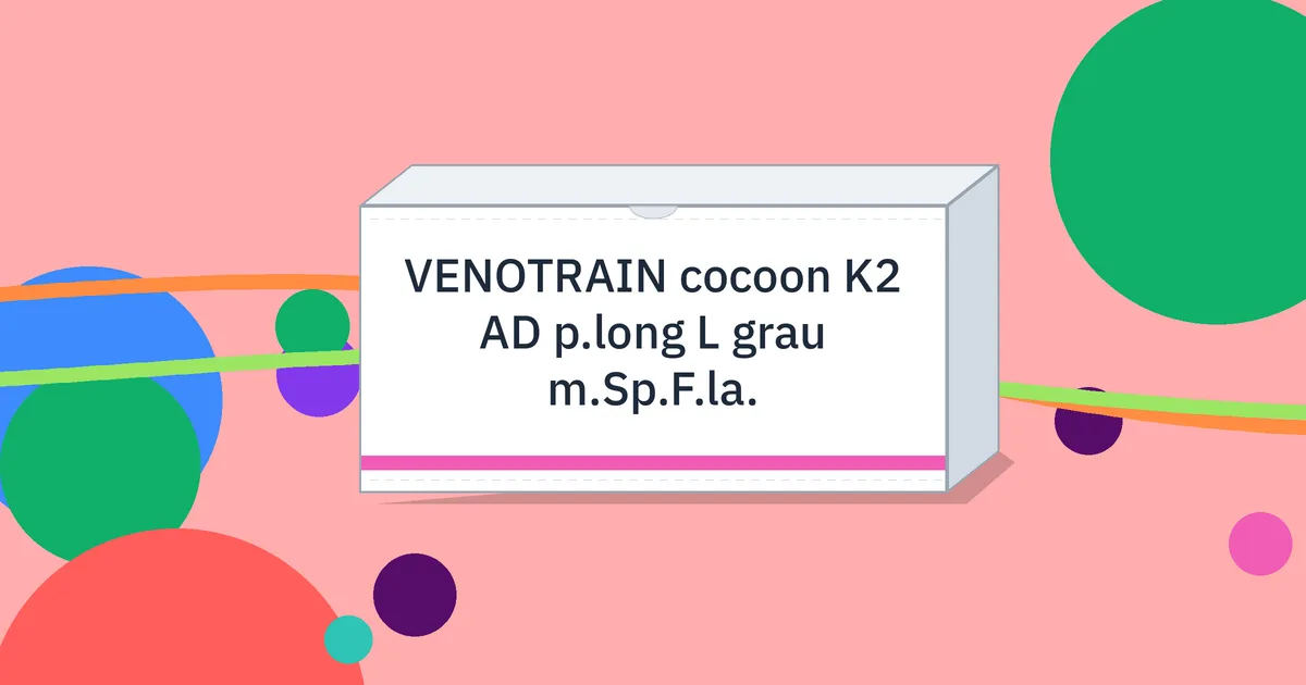 Symbolbild: Packung mit der Aufschrift VENOTRAIN cocoon K2 AD p.long L grau m.Sp.F.la. (PZN 19198861) – Verfügbarkeit und Bezug in Apotheken in Frankfurt am Main