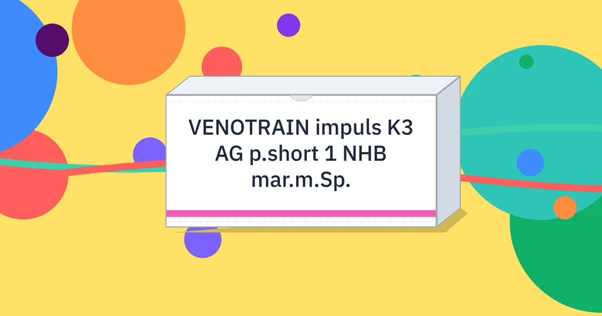 Symbolbild: Packung mit der Aufschrift VENOTRAIN impuls K3 AG p.short 1 NHB mar.m.Sp. (PZN 15215350) – Verfügbarkeit und Bezug in Apotheken in Frankfurt am Main