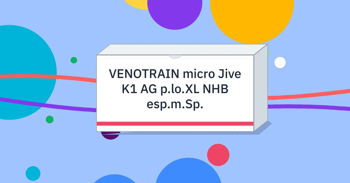 Symbolbild: Packung mit der Aufschrift VENOTRAIN micro Jive K1 AG p.lo.XL NHB esp.m.Sp. (PZN 17765876) – Verfügbarkeit und Bezug in Apotheken in Frankfurt am Main