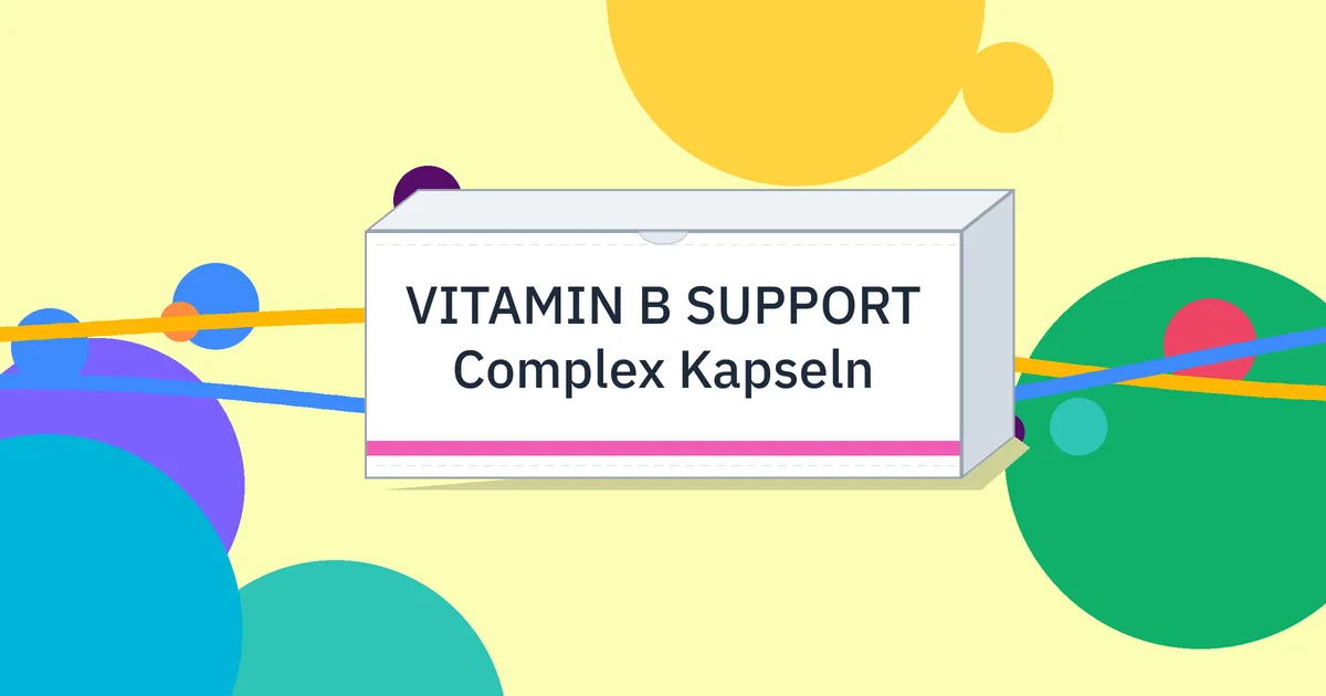 Symbolbild: Packung mit der Aufschrift VITAMIN B SUPPORT Complex Kapseln (PZN 19636628) – Verfügbarkeit und Bezug in Apotheken in Frankfurt am Main