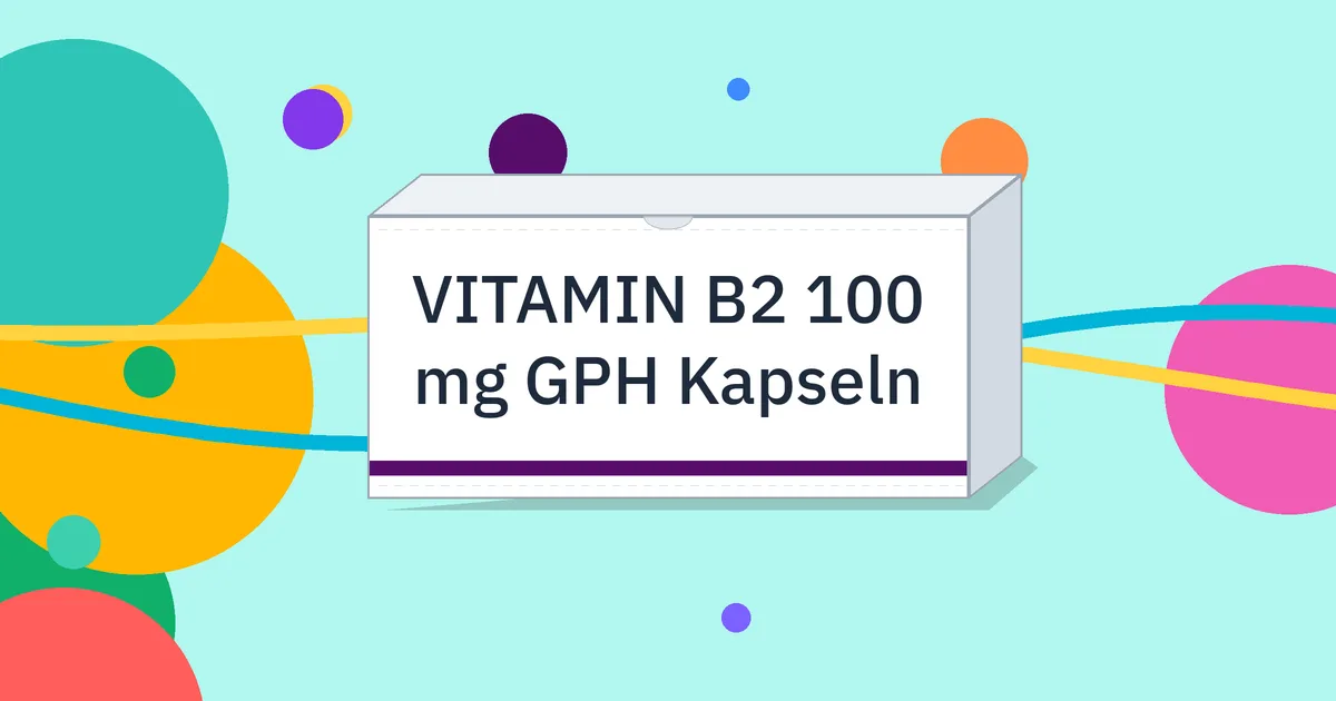 Symbolbild: Packung mit der Aufschrift VITAMIN B2 100 mg GPH Kapseln (PZN 16571302) – Verfügbarkeit und Bezug in Apotheken in Frankfurt am Main