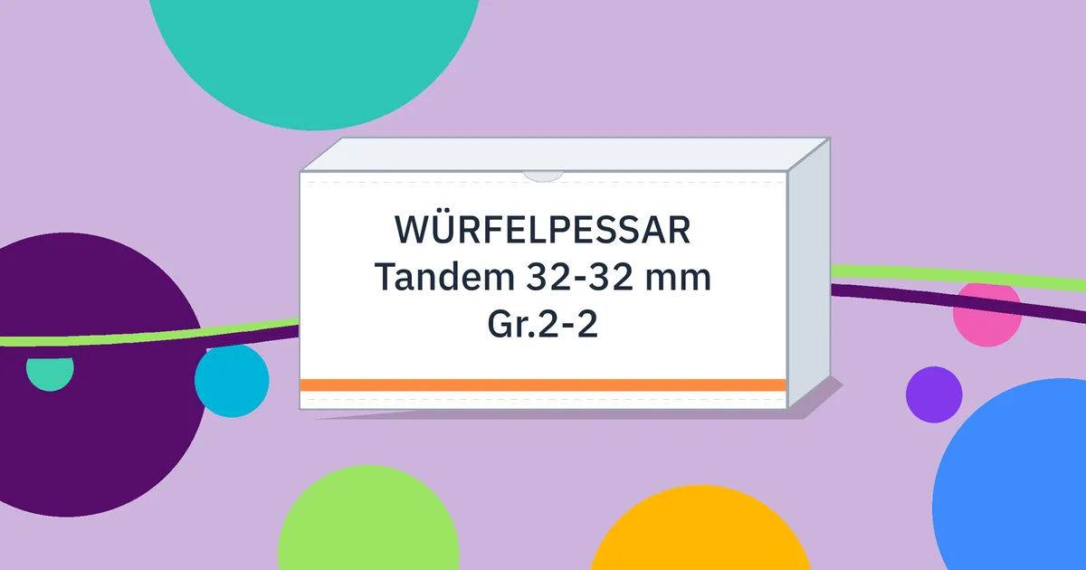 Symbolbild: Packung mit der Aufschrift WÜRFELPESSAR Tandem 32-32 mm Gr.2-2 (PZN 06127121) – Verfügbarkeit und Bezug in Apotheken in Frankfurt am Main