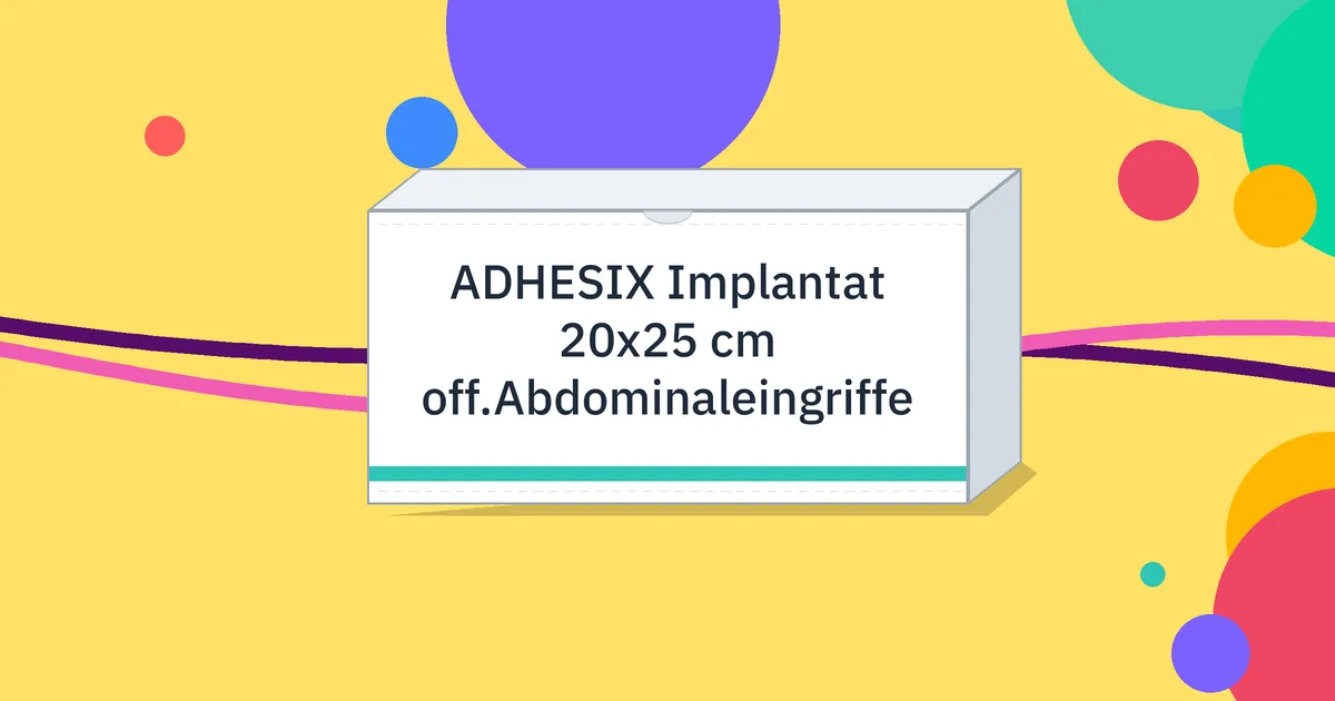 Symbolbild: Packung mit der Aufschrift ADHESIX Implantat 20x25 cm off.Abdominaleingriffe (PZN 04013494) – Verfügbarkeit und Bezug in Apotheken in Frankfurt am Main