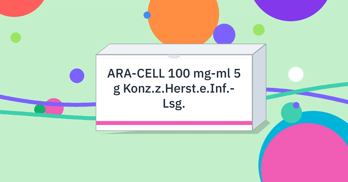 Symbolbild: Packung mit der Aufschrift ARA-CELL 100 mg-ml 5 g Konz.z.Herst.e.Inf.-Lsg. (PZN 08654480) – Verfügbarkeit und Bezug in Apotheken in Frankfurt am Main