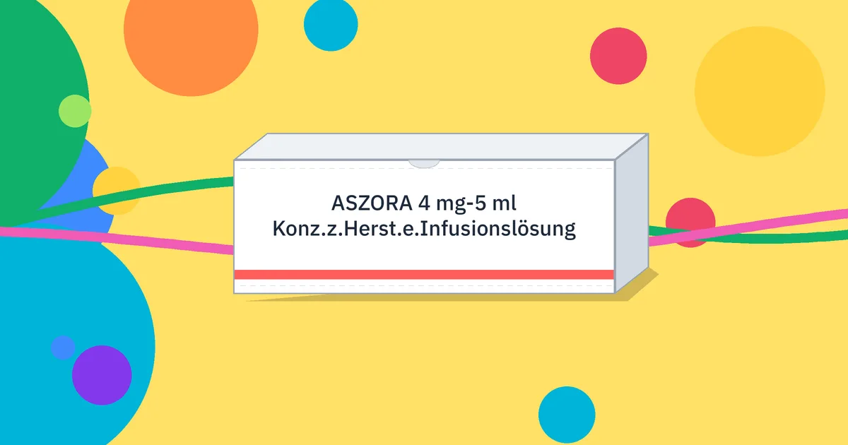 Symbolbild: Packung mit der Aufschrift ASZORA 4 mg-5 ml Konz.z.Herst.e.Infusionslösung (PZN 11585185) – Verfügbarkeit und Bezug in Apotheken in Frankfurt am Main