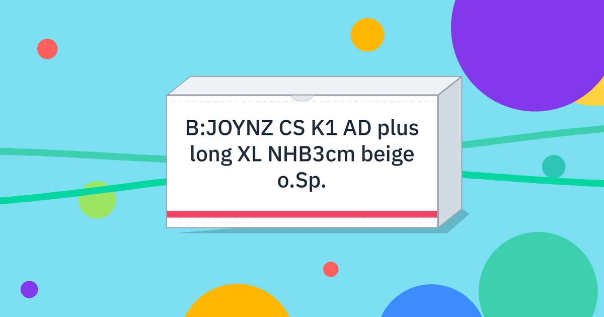 Symbolbild: Packung mit der Aufschrift B:JOYNZ CS K1 AD plus long XL NHB3cm beige o.Sp. (PZN 20529814) – Verfügbarkeit und Bezug in Apotheken in Frankfurt am Main