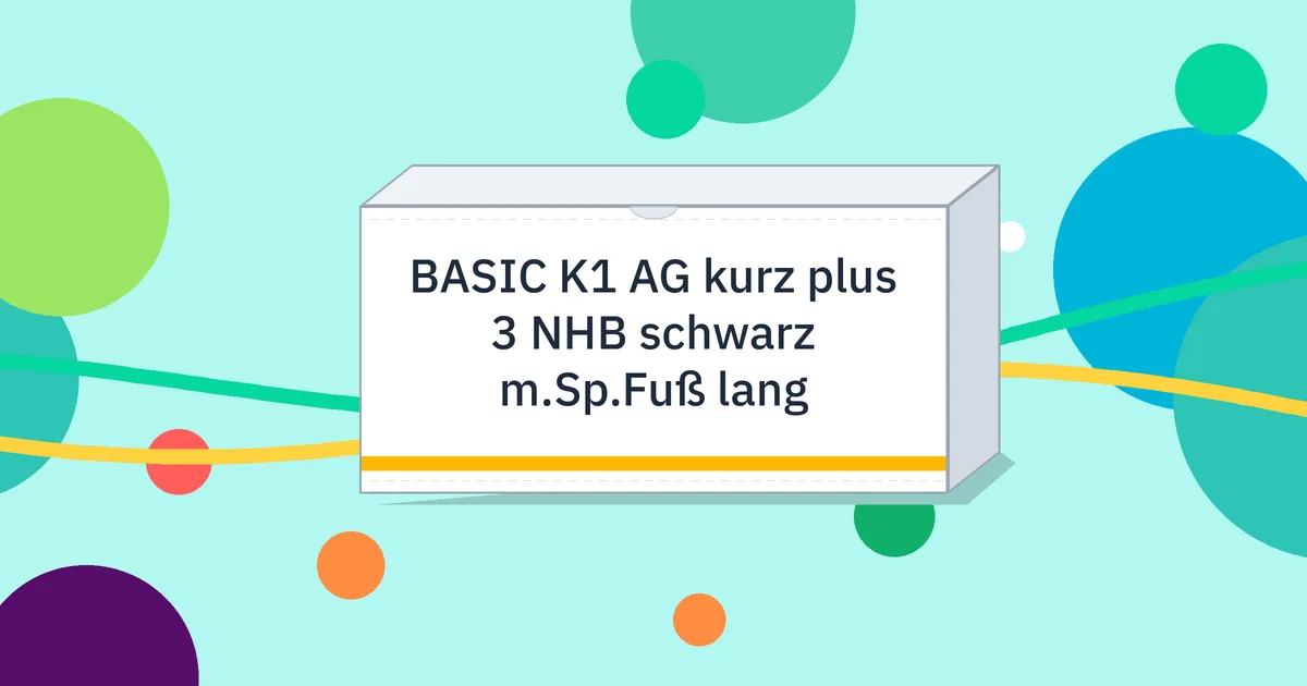 Symbolbild: Packung mit der Aufschrift BASIC K1 AG kurz plus 3 NHB schwarz m.Sp.Fuß lang (PZN 20260430) – Verfügbarkeit und Bezug in Apotheken in Frankfurt am Main