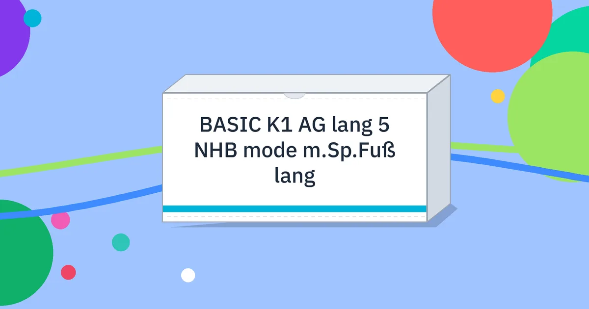 Symbolbild: Packung mit der Aufschrift BASIC K1 AG lang 5 NHB mode m.Sp.Fuß lang (PZN 20261501) – Verfügbarkeit und Bezug in Apotheken in Frankfurt am Main