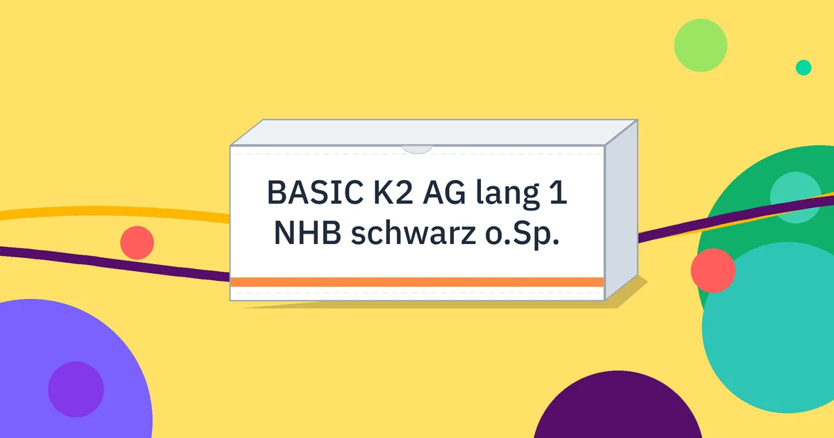 Symbolbild: Packung mit der Aufschrift BASIC K2 AG lang 1 NHB schwarz o.Sp. (PZN 20266013) – Verfügbarkeit und Bezug in Apotheken in Frankfurt am Main