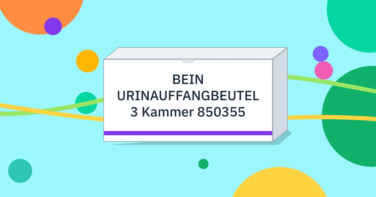 Symbolbild: Packung mit der Aufschrift BEIN URINAUFFANGBEUTEL 3 Kammer 850355 (PZN 07519917) – Verfügbarkeit und Bezug in Apotheken in Frankfurt am Main