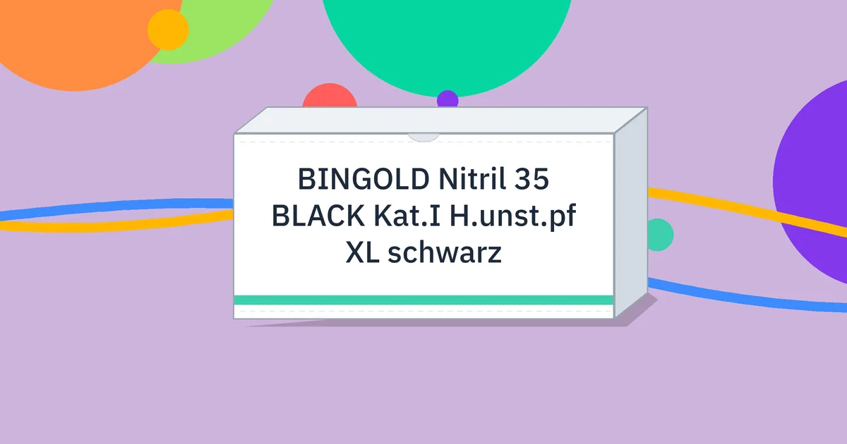 Symbolbild: Packung mit der Aufschrift BINGOLD Nitril 35 BLACK Kat.I H.unst.pf XL schwarz (PZN 19472210) – Verfügbarkeit und Bezug in Apotheken in Frankfurt am Main