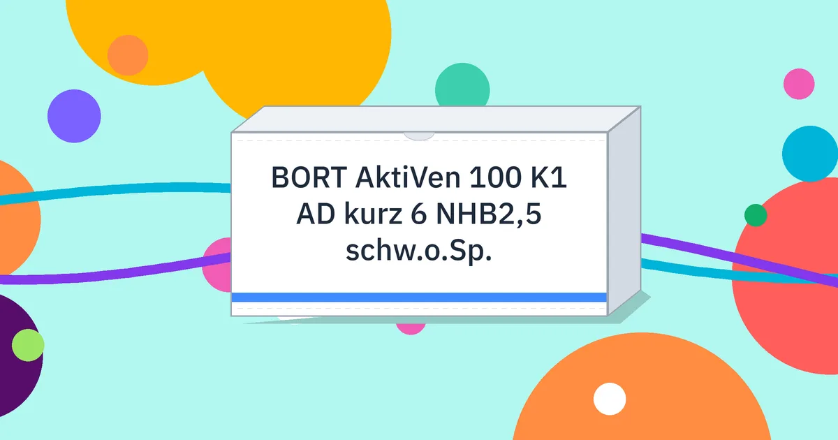 Symbolbild: Packung mit der Aufschrift BORT AktiVen 100 K1 AD kurz 6 NHB2,5 schw.o.Sp. (PZN 17502071) – Verfügbarkeit und Bezug in Apotheken in Frankfurt am Main