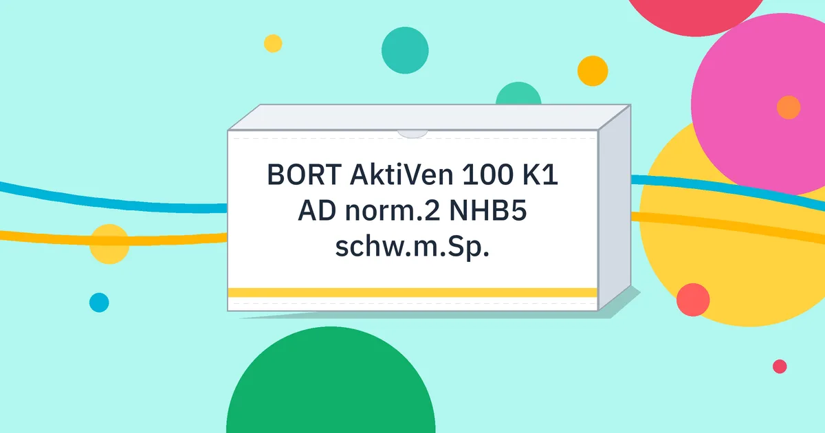 Symbolbild: Packung mit der Aufschrift BORT AktiVen 100 K1 AD norm.2 NHB5 schw.m.Sp. (PZN 17497370) – Verfügbarkeit und Bezug in Apotheken in Frankfurt am Main