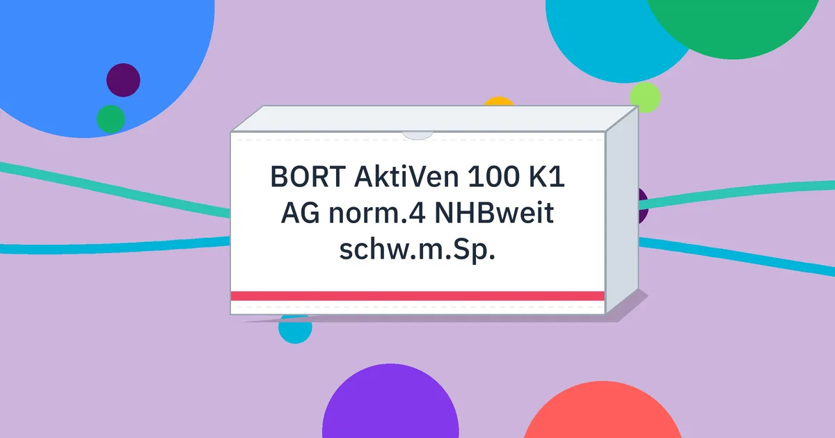 Symbolbild: Packung mit der Aufschrift BORT AktiVen 100 K1 AG norm.4 NHBweit schw.m.Sp. (PZN 14388338) – Verfügbarkeit und Bezug in Apotheken in Frankfurt am Main