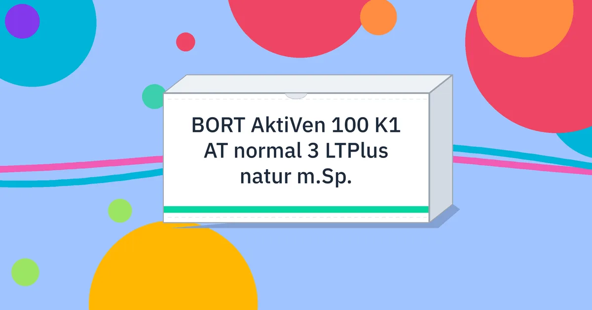 Symbolbild: Packung mit der Aufschrift BORT AktiVen 100 K1 AT normal 3 LTPlus natur m.Sp. (PZN 18175527) – Verfügbarkeit und Bezug in Apotheken in Frankfurt am Main
