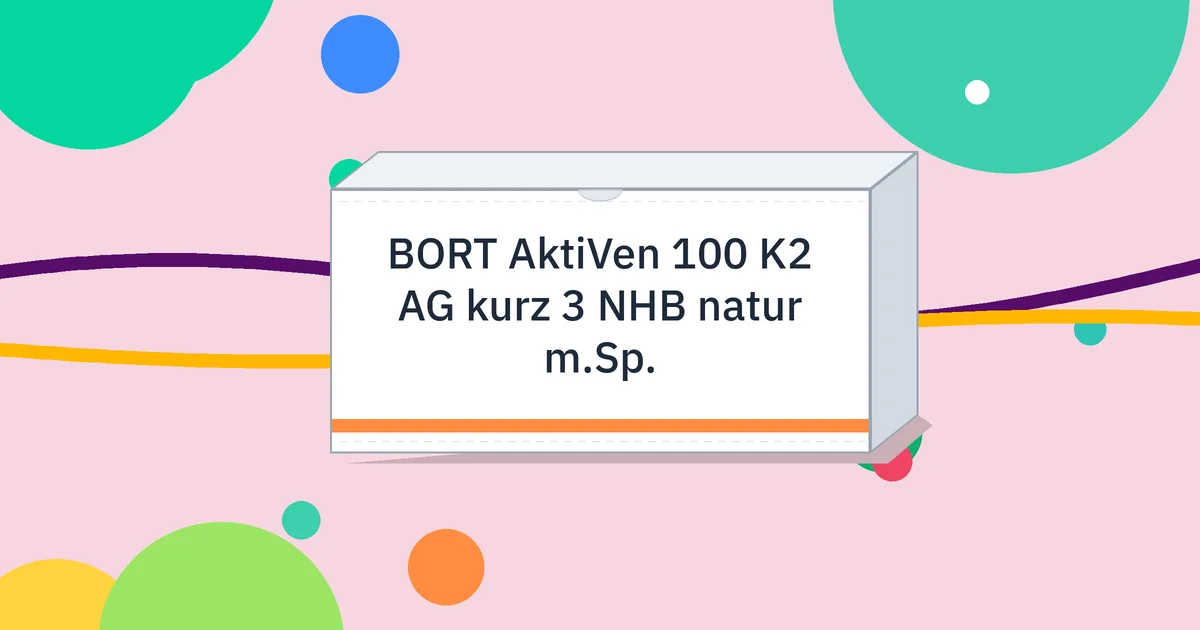 Symbolbild: Packung mit der Aufschrift BORT AktiVen 100 K2 AG kurz 3 NHB natur m.Sp. (PZN 13730562) – Verfügbarkeit und Bezug in Apotheken in Frankfurt am Main