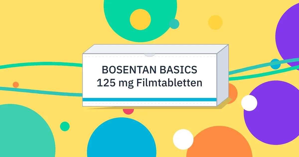 Symbolbild: Packung mit der Aufschrift BOSENTAN BASICS 125 mg Filmtabletten (PZN 16395673) – Verfügbarkeit und Bezug in Apotheken in Frankfurt am Main