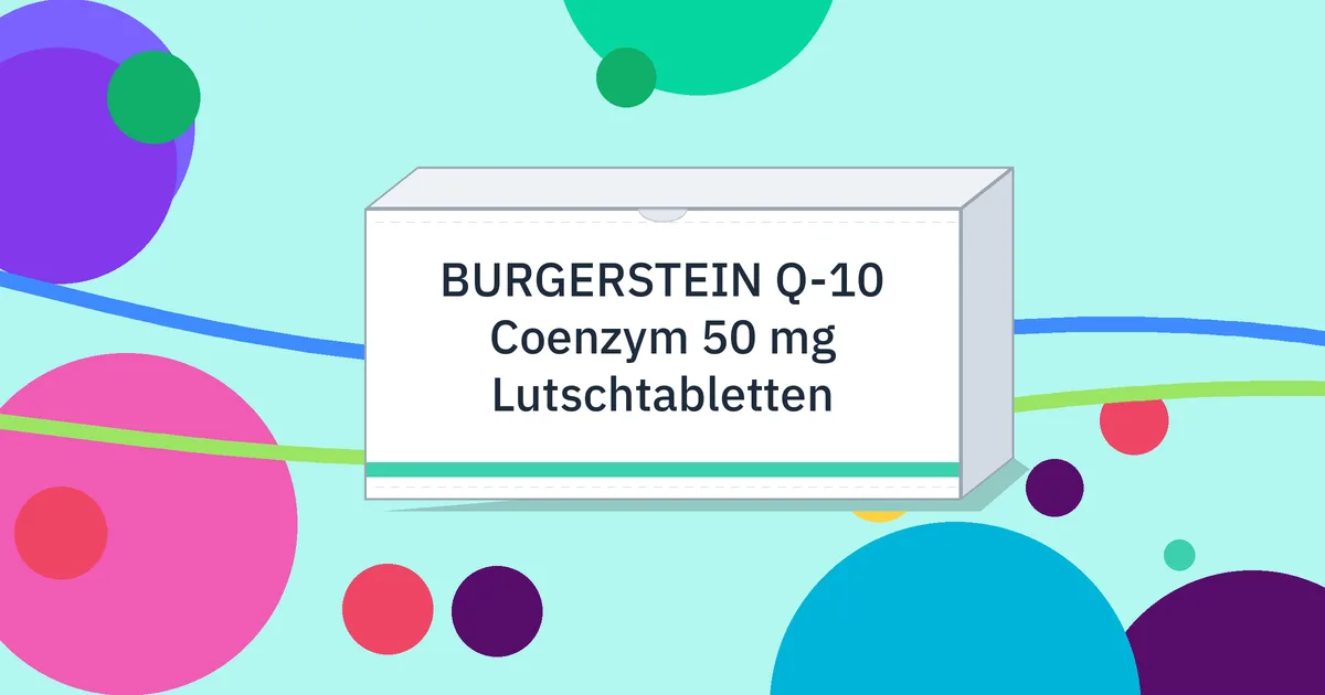 Symbolbild: Packung mit der Aufschrift BURGERSTEIN Q-10 Coenzym 50 mg Lutschtabletten (PZN 14303595) – Verfügbarkeit und Bezug in Apotheken in Frankfurt am Main