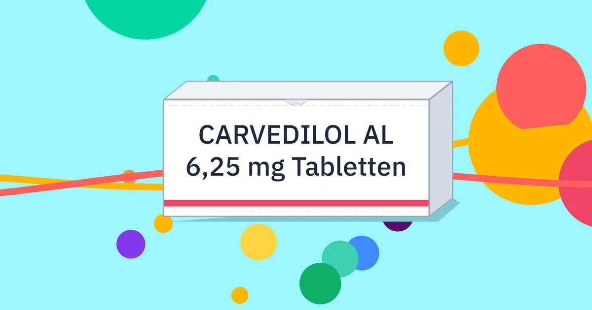 Symbolbild: Packung mit der Aufschrift CARVEDILOL AL 6,25 mg Tabletten (PZN 00643034) – Verfügbarkeit und Bezug in Apotheken in Frankfurt am Main