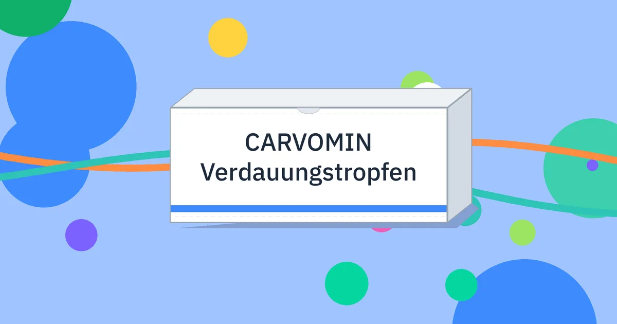 Symbolbild: Packung mit der Aufschrift CARVOMIN Verdauungstropfen (PZN 15251498) – Verfügbarkeit und Bezug in Apotheken in Frankfurt am Main