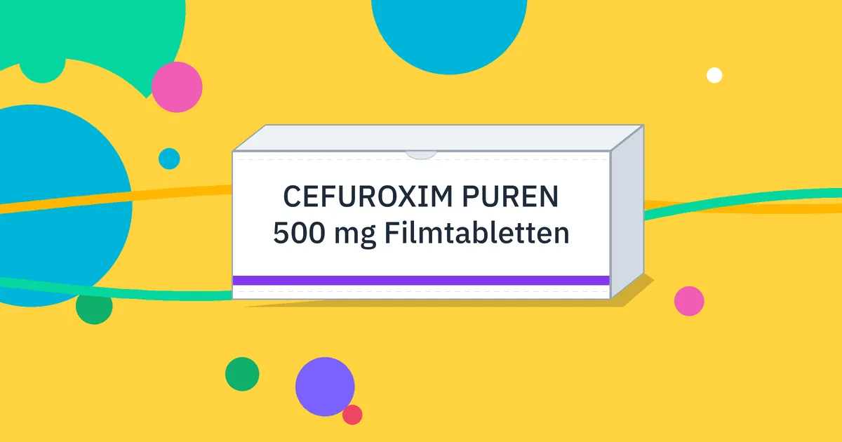 Symbolbild: Packung mit der Aufschrift CEFUROXIM PUREN 500 mg Filmtabletten (PZN 12584845) – Verfügbarkeit und Bezug in Apotheken in Frankfurt am Main