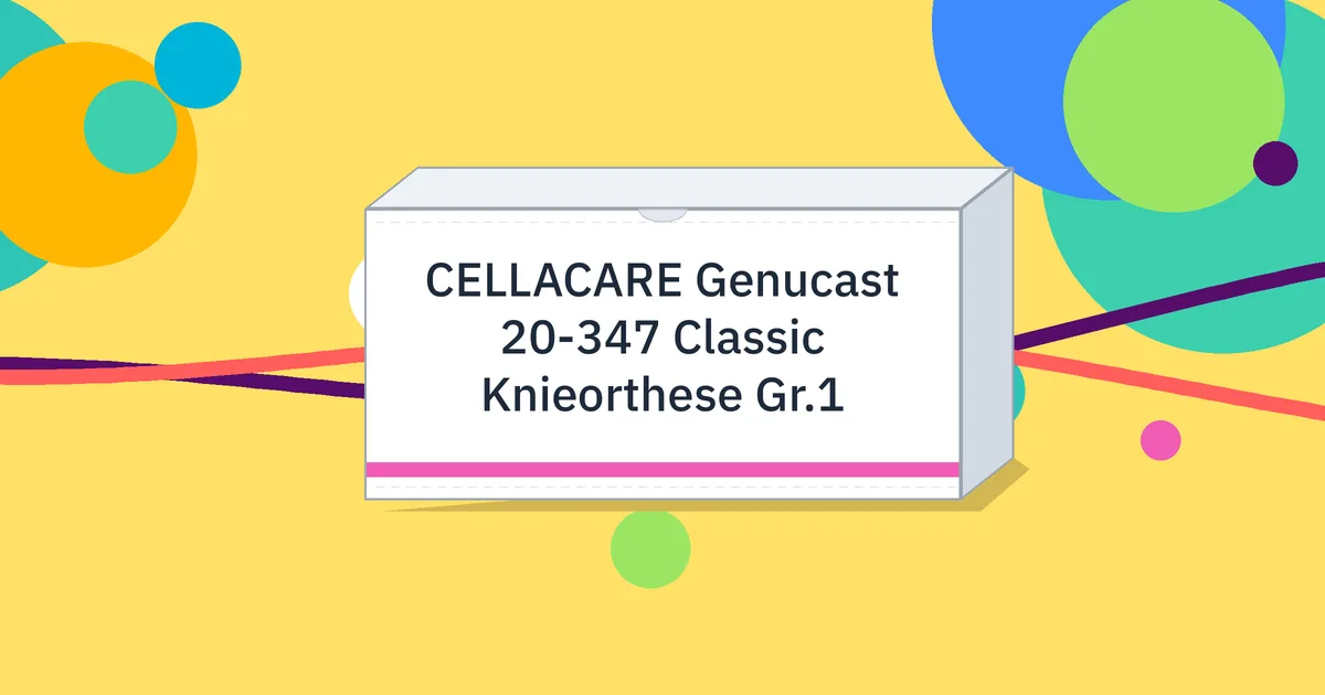 Symbolbild: Packung mit der Aufschrift CELLACARE Genucast 20-347 Classic Knieorthese Gr.1 (PZN 14366762) – Verfügbarkeit und Bezug in Apotheken in Frankfurt am Main
